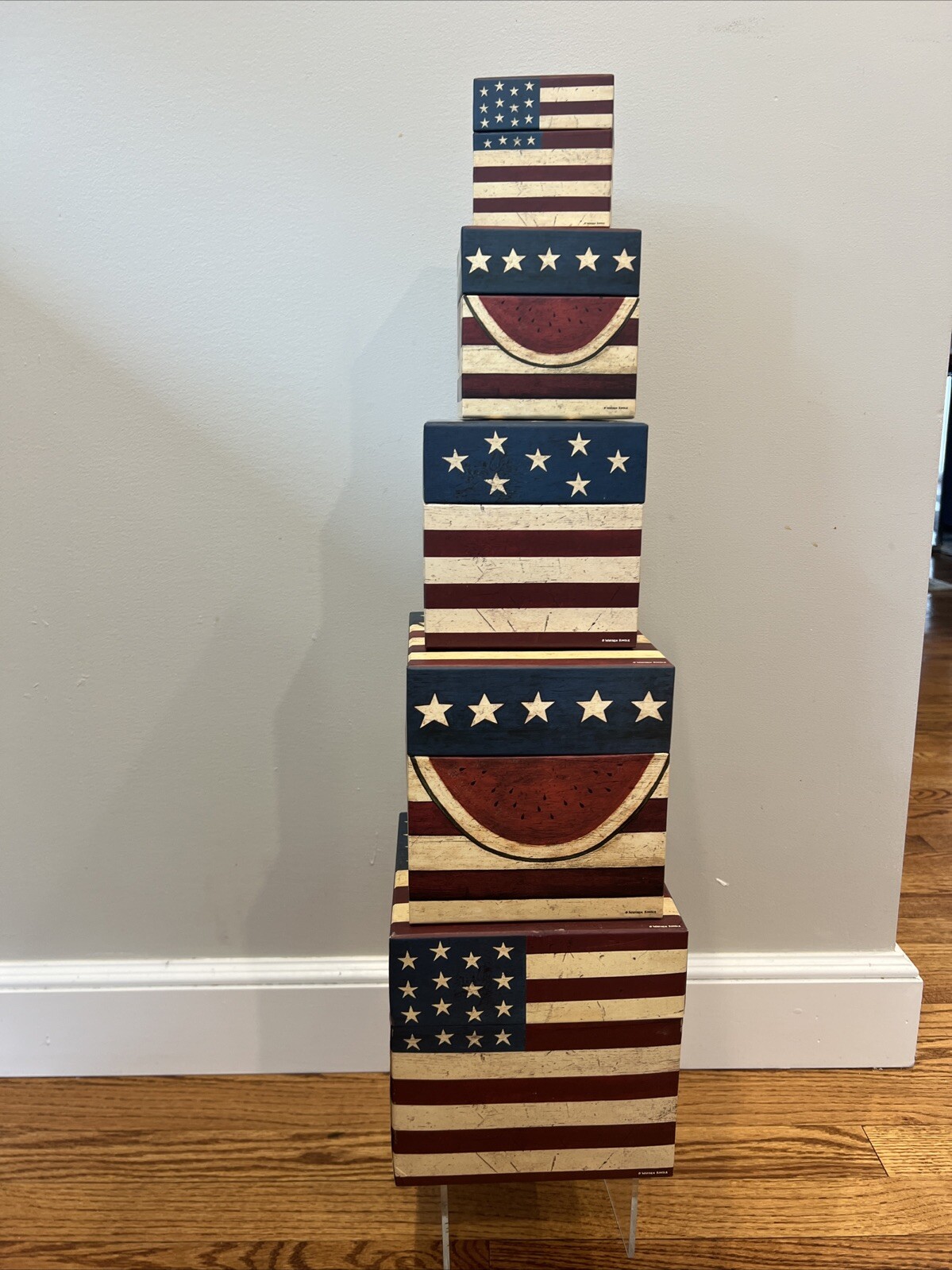 Warren Kimble FLAG Nesting Stacked Boxes (5) 4th Of July Primitive ...