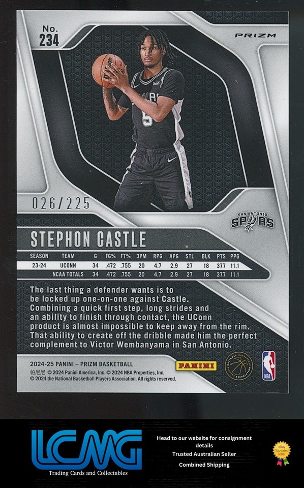 2024-25 Panini Prizm #234 Stephon Castle Prizms Basketball #/225 Rookie ...