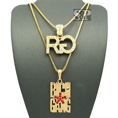Men Gold PT Hip Hop Iced Star Rich Gang RG Pendant Box Chain 2 Necklace ...