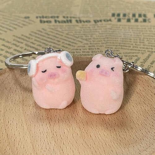 3D Cartoon Flocking Pig Keychain Car Key Ring Backpack Decoration ...