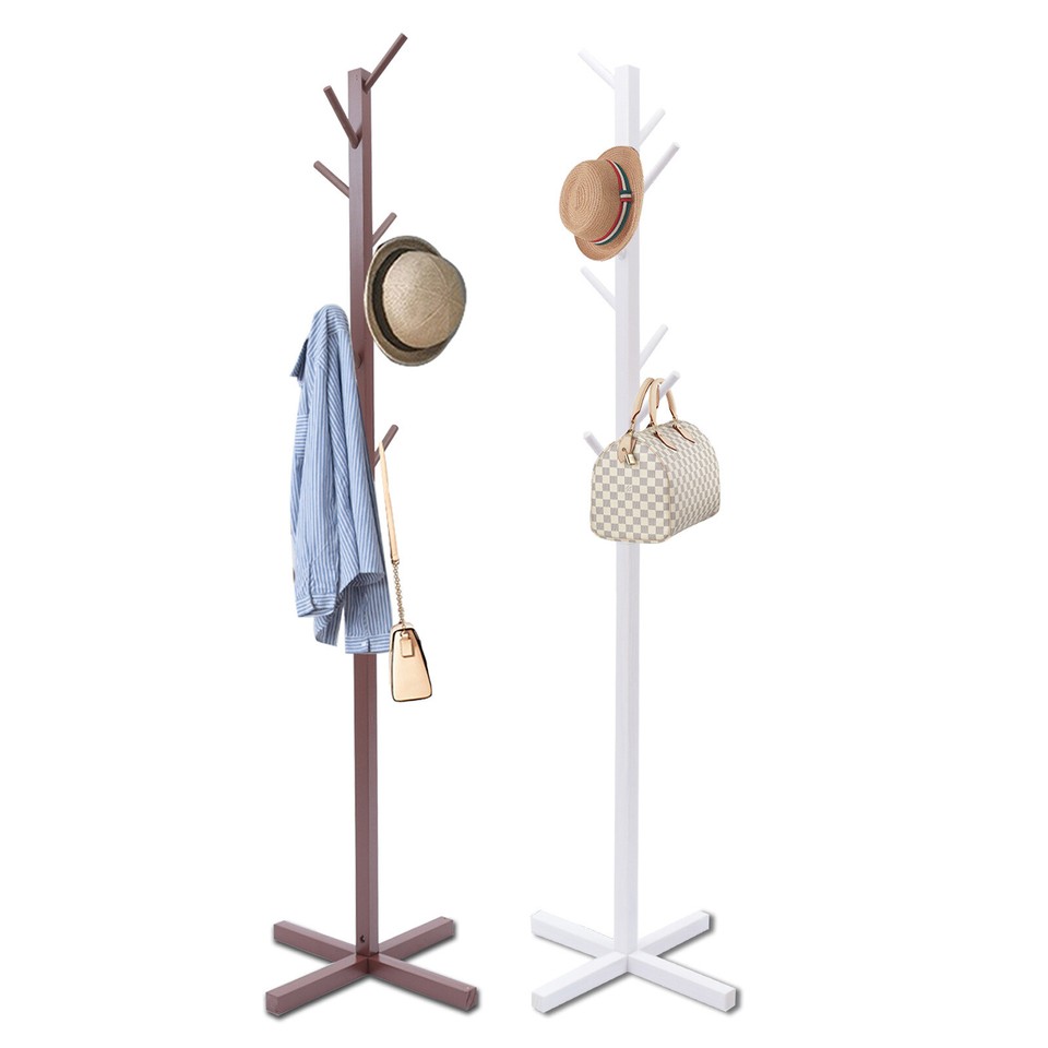 8 Hooks Coat Rack Hat Stand Tree Clothes Hanger Umbrella Holder Wood ...