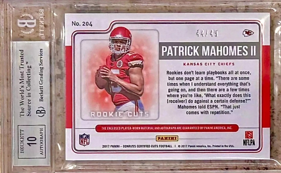 /49 BGS 9 10 RPA Patrick Mahomes 2017 Certified 3-CLR Rookie Patch Auto ...