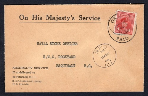 Canada WW2 Military 1944 RCN Navy NPO 1117 on OHMS Cover to Esquimalt ...
