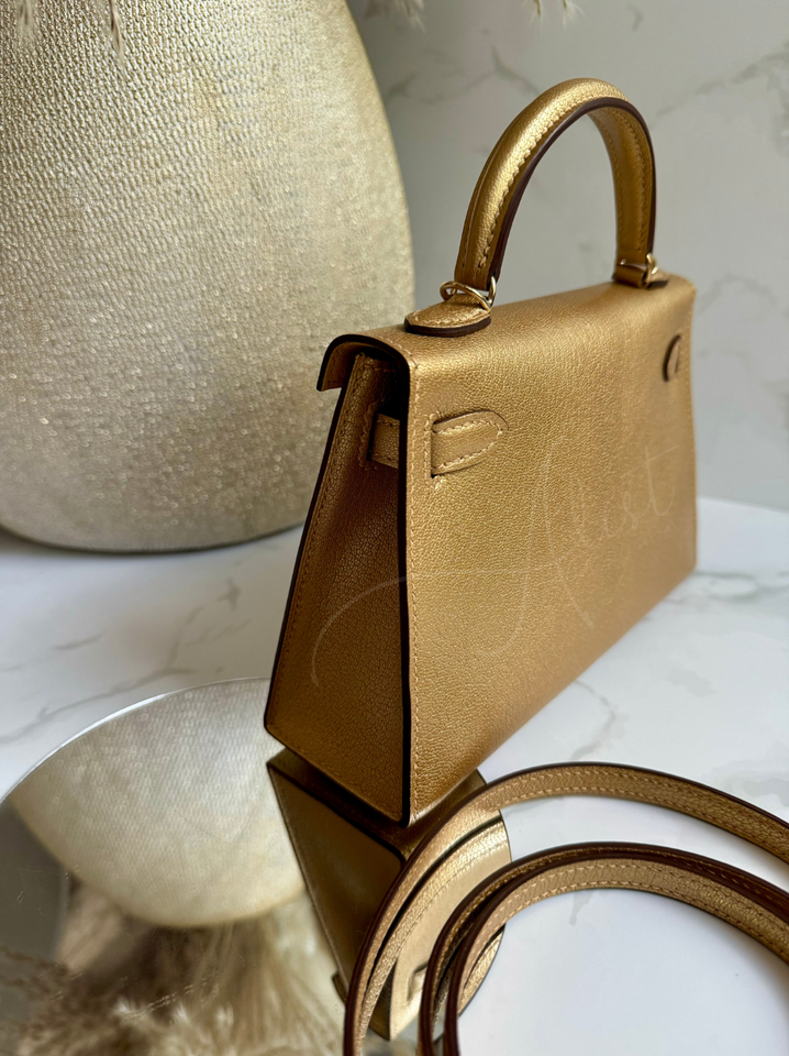 Hermès Mini Kelly Dore Metallic Gold Chèvre Olympic 2024 Champagne HW ...