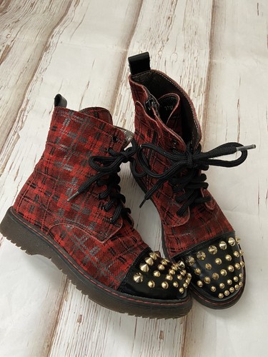 Miss Grant Red Black Plaid Combat Boot Studs Girls US 13 Italy size 31 ...