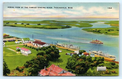 Postcard MS Pascagoula Aerial View of the Singing River Vintage Linen ...