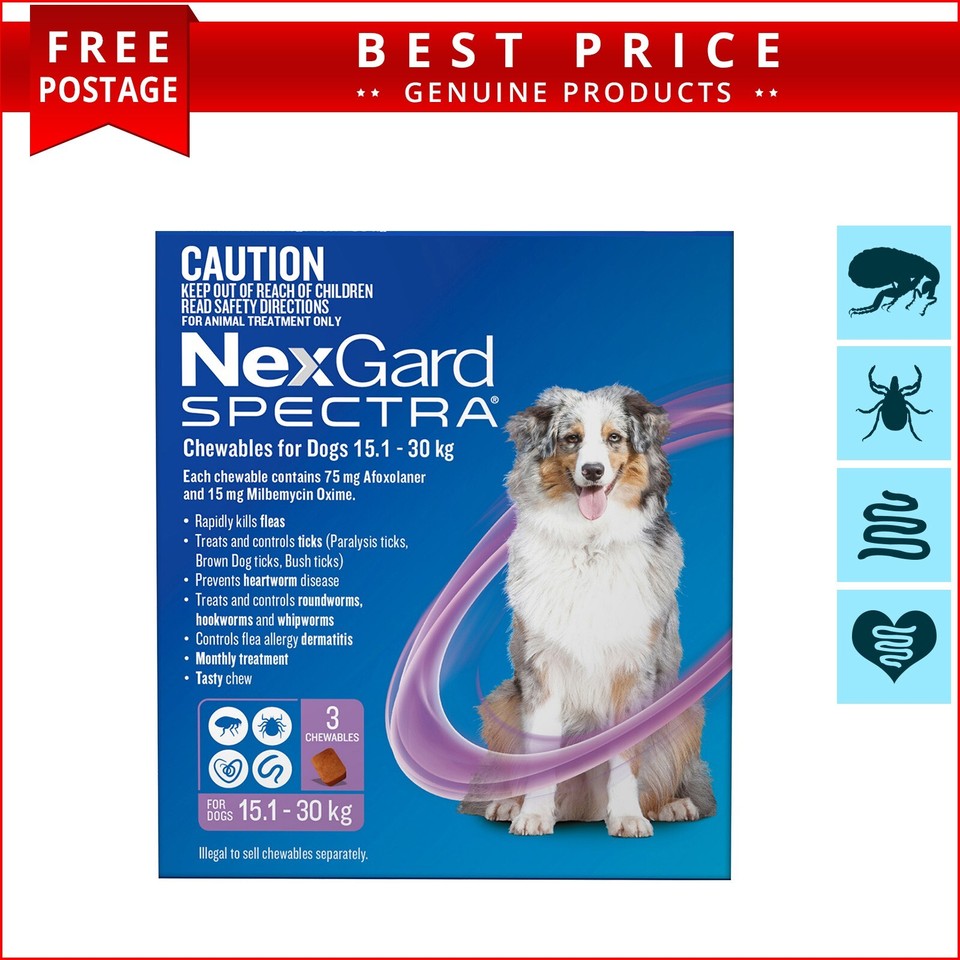 NEXGARD SPECTRA for All Sizes Dogs 3 Doses Flea Heartworm Tick and Worm ...
