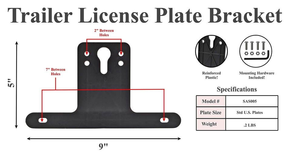 Plastic Reinforced Trailer License Plate Bracket, Black, Fits Standard ...