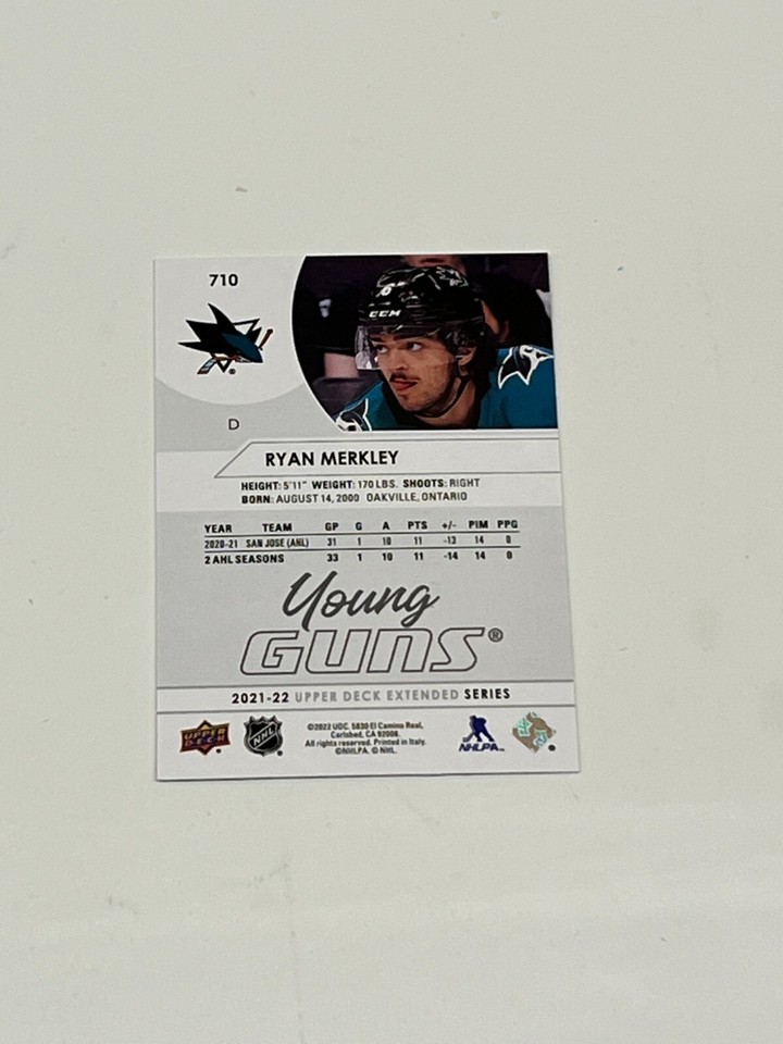 2021-22 UPPER DECK YOUNG GUNS #710 RYAN MERKLEY - SAN JOSE SHARKS | eBay