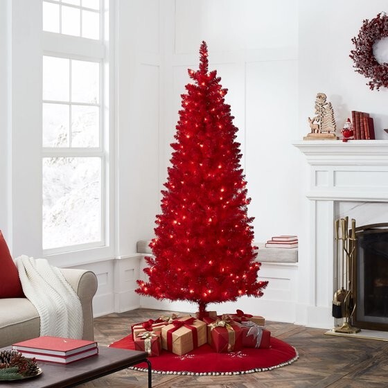 6.5 Ft Pre-Lit Red Christmas Tree - Flocked Pine Artificial , 200 Clear ...