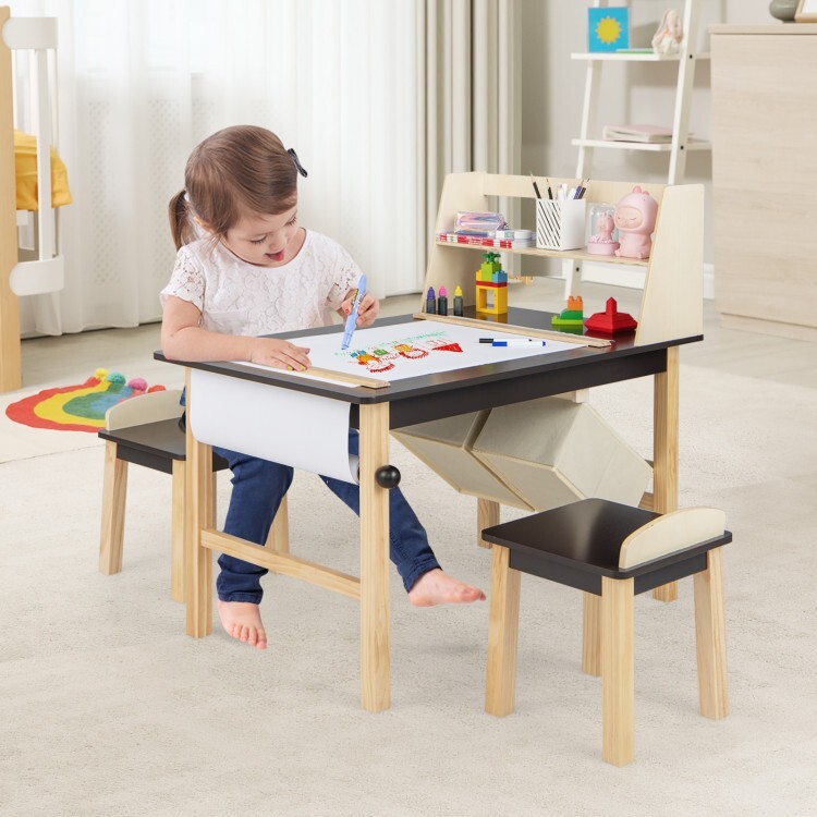 Kids Art Table & Chairs Set Wooden Drawing Desk w/ Paper Roll Storage ...