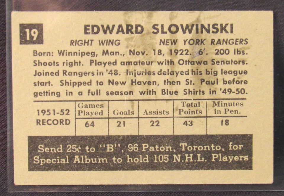 1952-53 Parkhurst Edward Slowinski #19 New York Rangers | eBay
