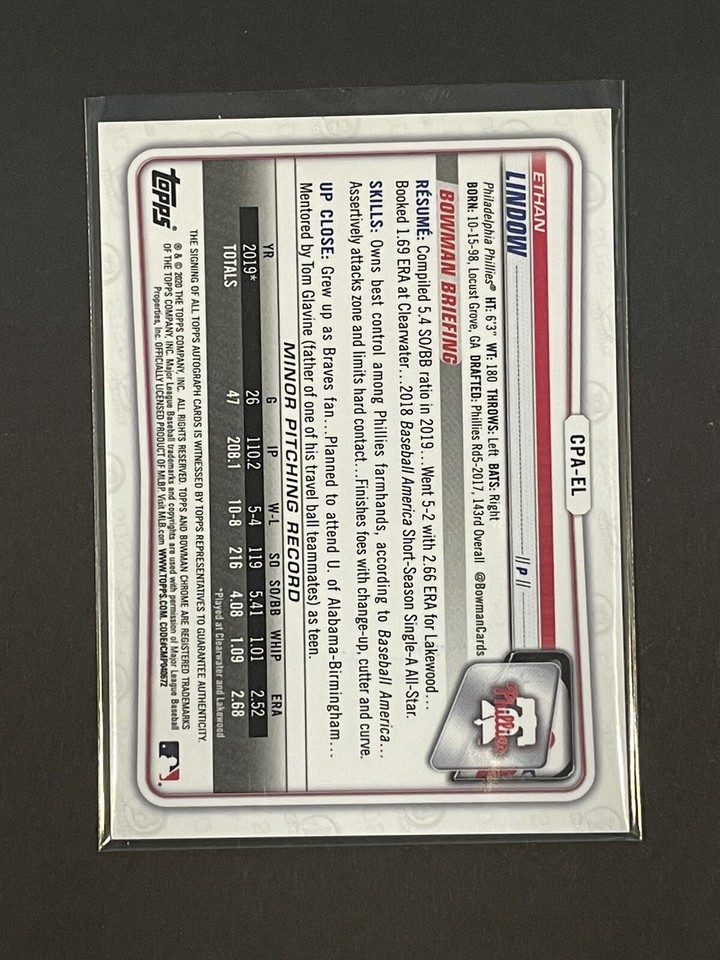 2020 Bowman Chrome Ethan Lindow CPA-EL 1st Auto - Philadelphia Phillies ...