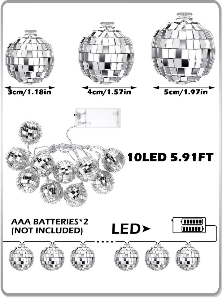 LED Disco Ball String Light Battery Powered Mirror Balls Ornaments for ...