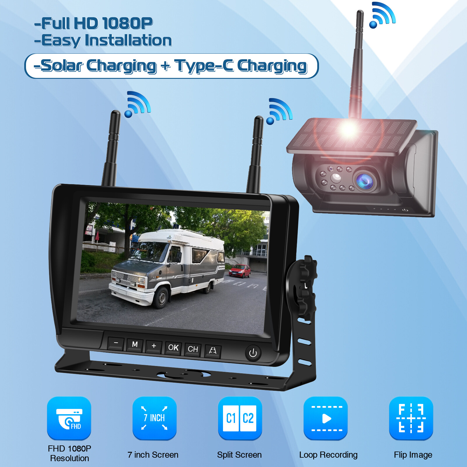 Magnetic Wireless Backup 7" Monitor Solar Magnetic Reverse Backup ...