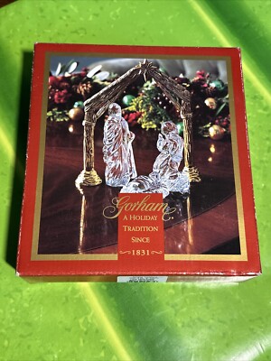 Gorham Christmas Nativity Manger 4 Piece Crystal Gold Color Creche - in ...