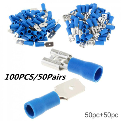 50 Pairs Quick Disconnects 16-14AWG Wire Crimp Terminals Blue FDD2-250 ...