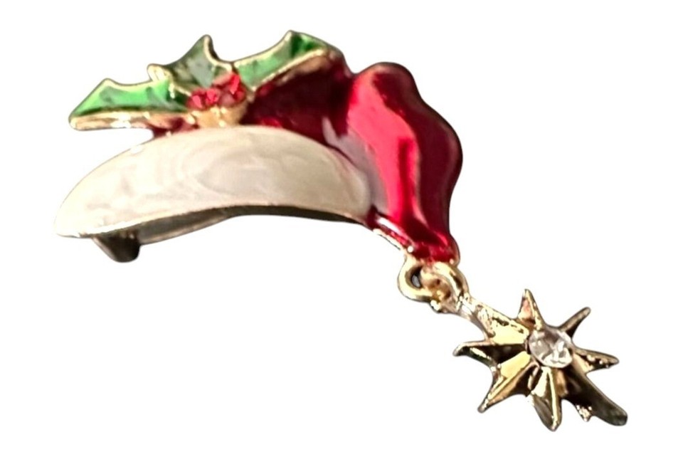 Santa Hat Brooch Pin Whimsical New Christmas Dangle Star Holly Berry ...