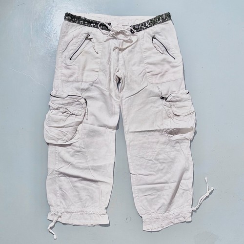 VTG Y2K Bongo White Linen Blend Cargo Capris w/ Sequin Waist JR Size 3/ ...