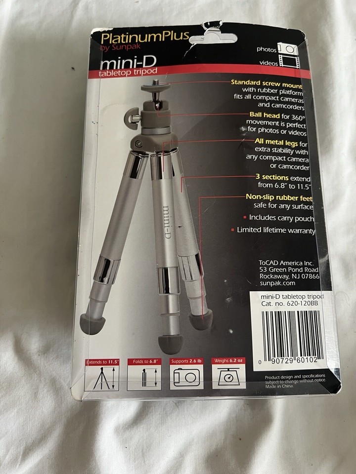 New PlatinumPlus mini-D Tabletop Tripod by Sunpak Extends to 11.5" with ...