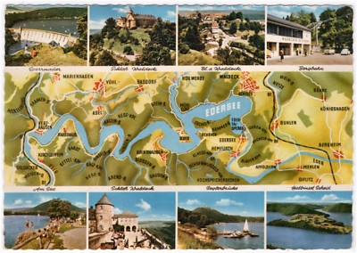 AK Edersee mit Talsperre, Schloss Waldeck und einer "Landkarte ...