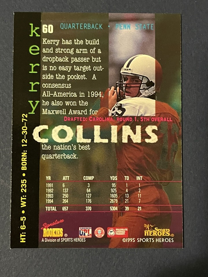 Kerry Collins 1995 Signature Rookies Fame and Fortune #60 Carolina ...