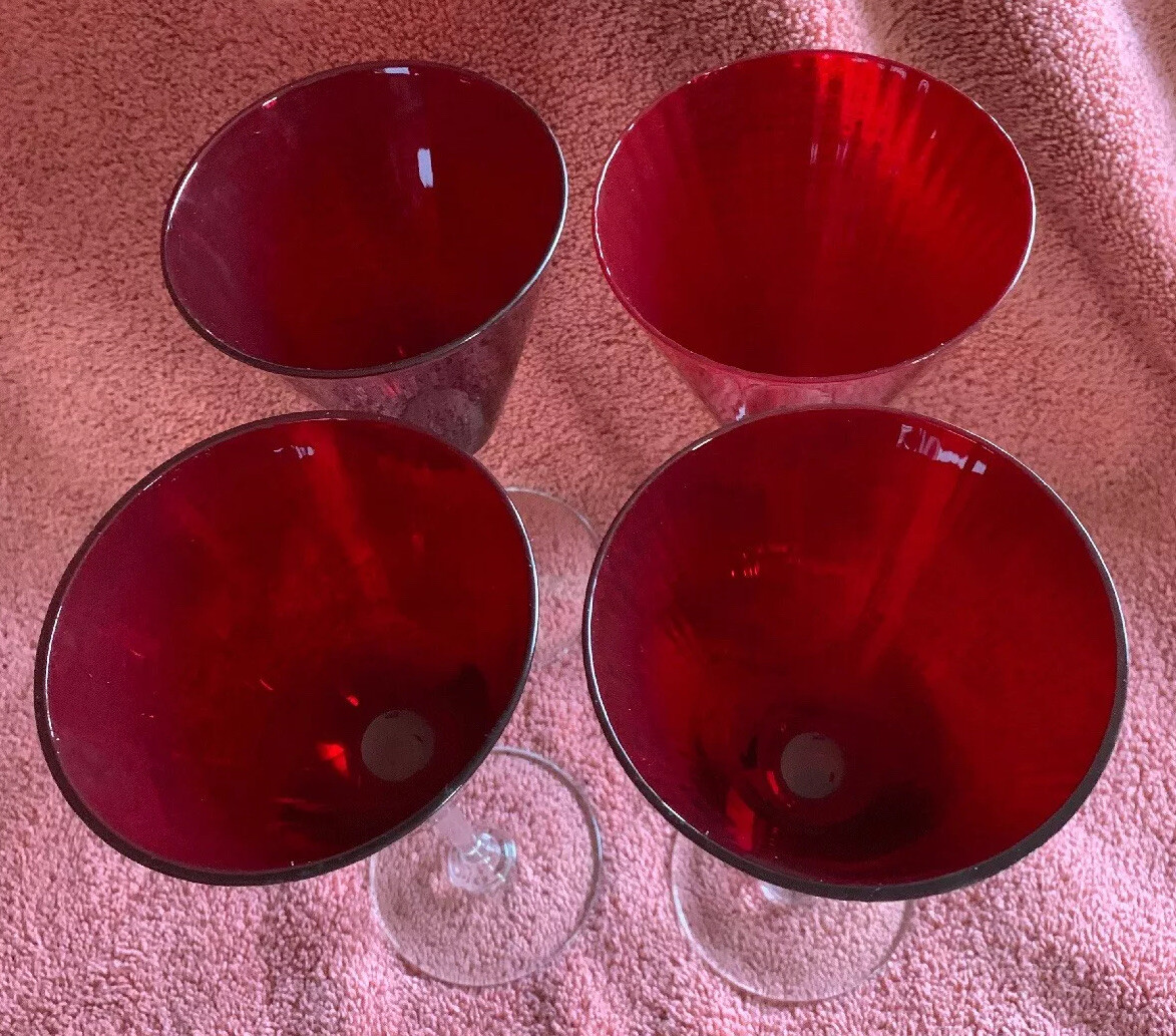 RED Cup WATER GOBLETS Clear Stem Ruby Wine Glass Set Of 4 Inside Ridged ...