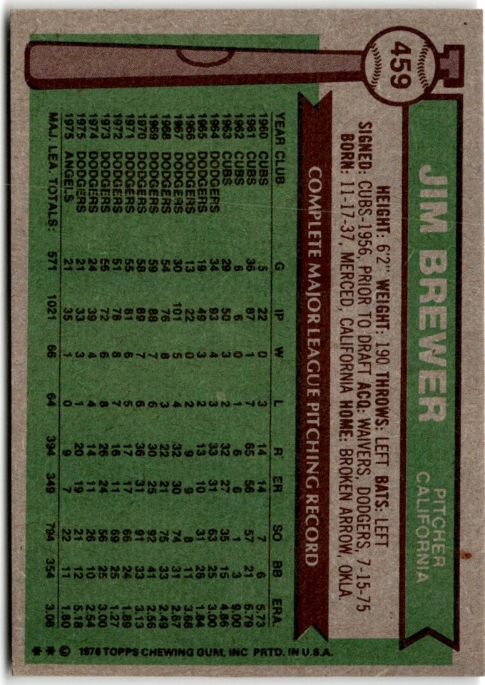 1976 Topps #459 Jim Brewer Angels | eBay