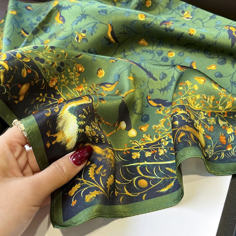 100% Silk Scarf Women Vintage Dark Green Flower Kerchief Headscarf Tied ...
