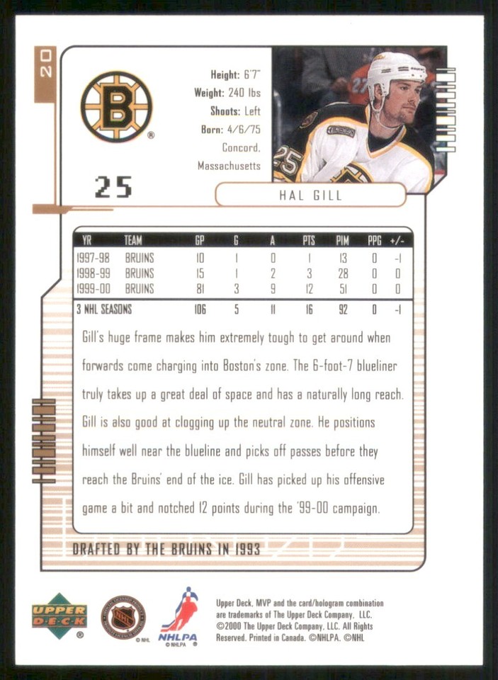 2000-01 Upper Deck MVP #20 Hal Gill Boston Bruins Hockey Card 188067 | eBay