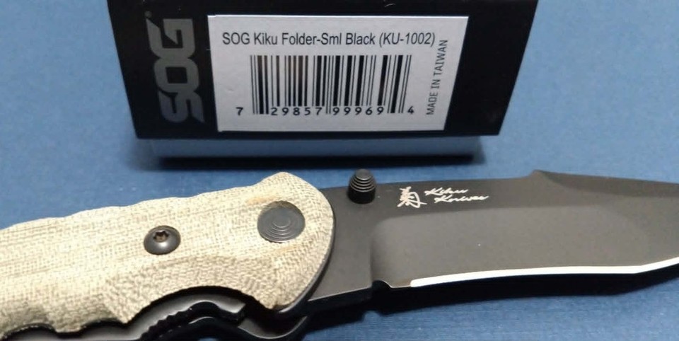 SOG KU-1002 Kiku Folder Knife Small Black TiNi Blade Linen Micarta New ...