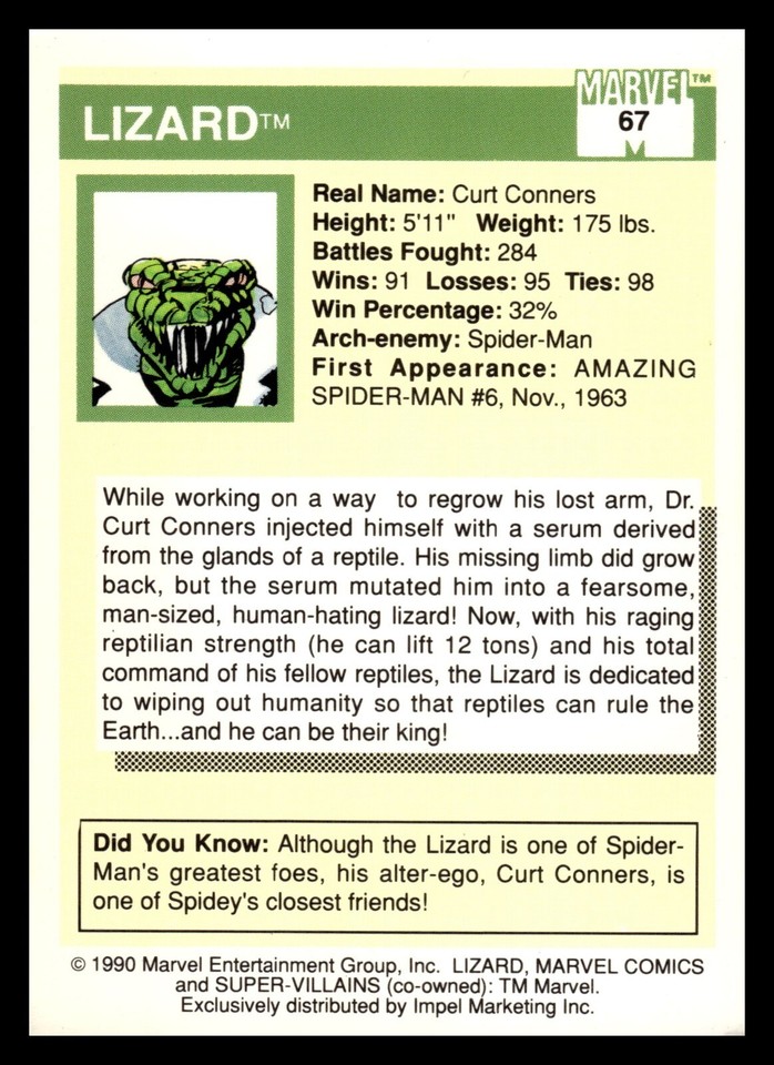 1990 Impel Marvel Universe Series 1 Super Villains Lizard Card #67 | eBay