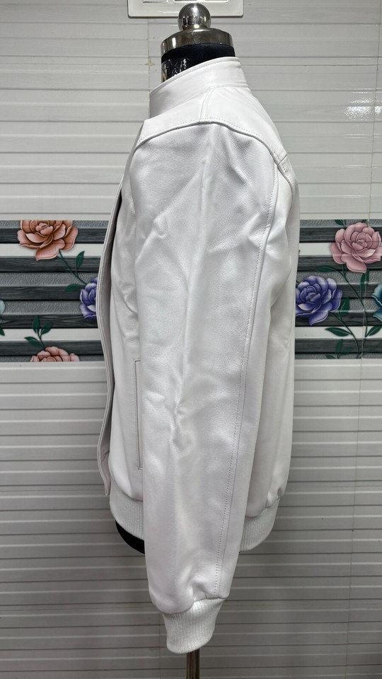 Men's Pure White Leather Bomber Jacket Real Lambskin Leather Classic ...