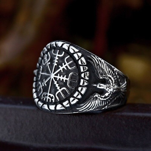 Men Vegvisir Viking Rune Compass Symbol of Direction Double Raven Totem ...