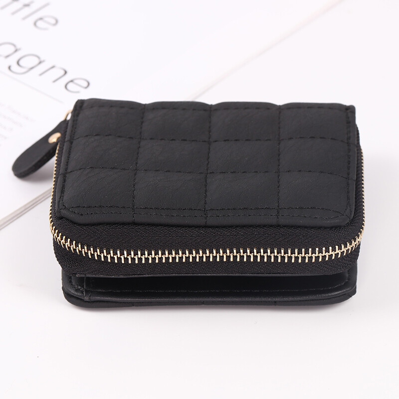 Women Black Small Bifold Leather Wallet Mini Card Bag Zipper Cute ...