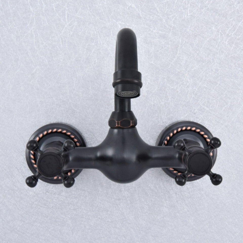 Oil Rubbed Bronze Double Cross Handle Bathroom Wall Mounted Basin Sink ...