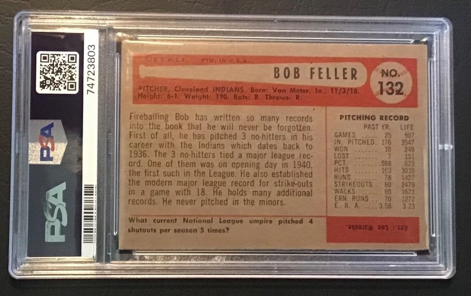 1954 Bowman Baseball Trading Card #132 Bob Feller Cleveland Indians PSA ...