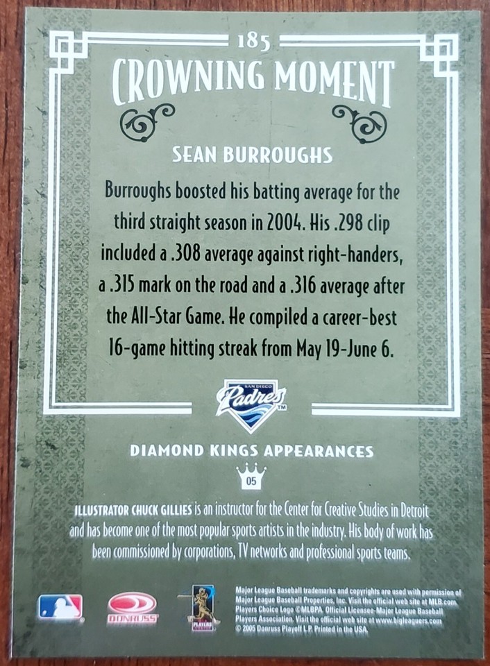 2005 DONRUSS DIAMOND KINGS SEAN BURROUGHS SAN DIEGO PADRES CARD #185 NM ...