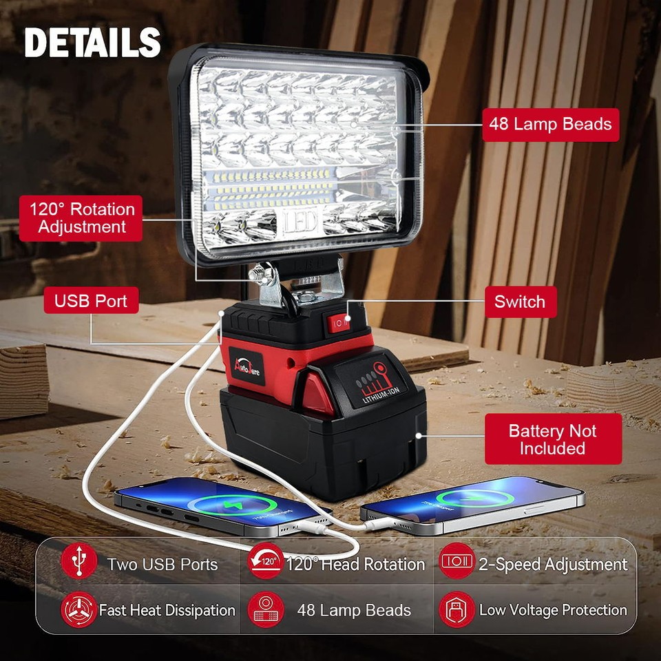 Wireless LED Work Light for Milwaukee M18 18V Battery Cordless Outdoor ...