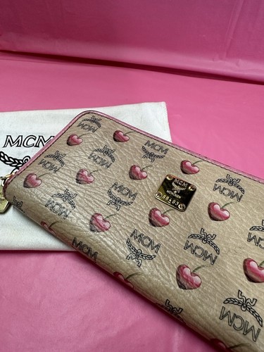 MCM Visetos Cognac Cherry Hearts Zip around Long Wallet Women With Dust ...