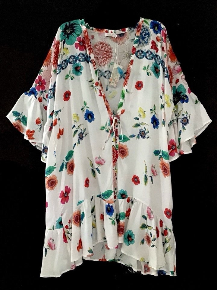 Johnny Was California White Multicolor Floral Short Kimono Cover Up L ...