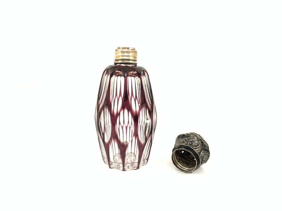 Antique Amethyst Overlay Cut Glass Scent Bottle White Metal Decorated ...