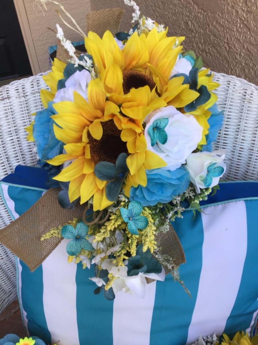 Turquoise Burlap Bouquet Western Style Rustic Turquoise Sunflower 20