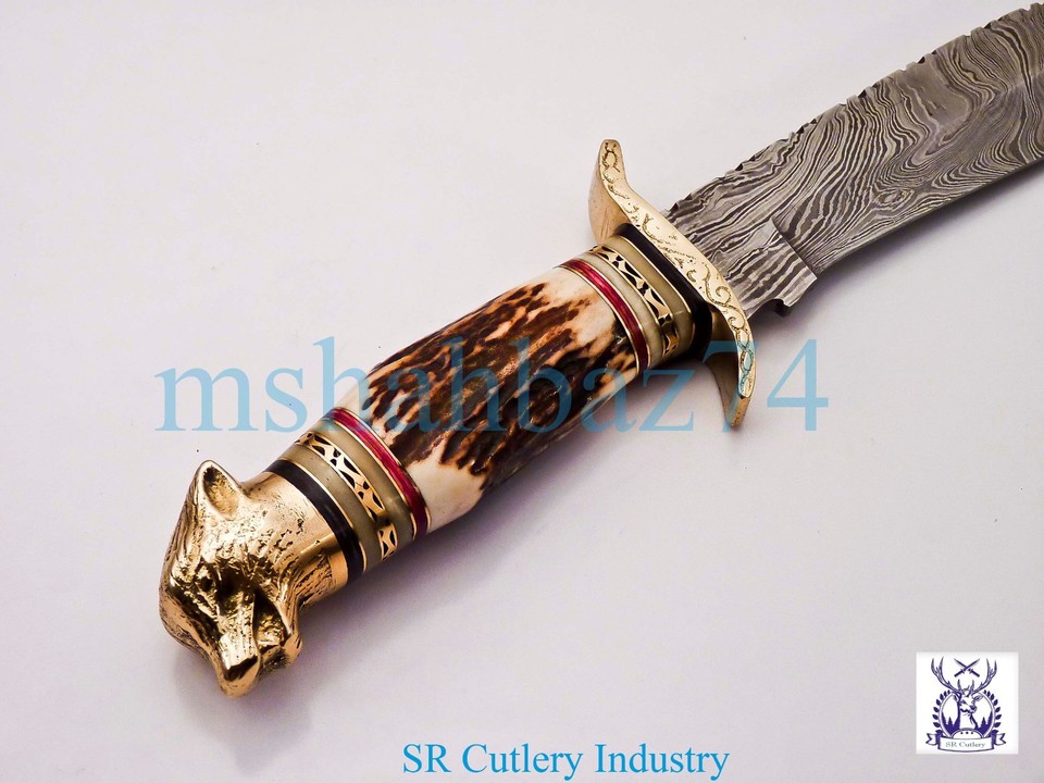 BEAUTIFUL WOLF CUSTOM HAND MADE DAMASCUS STEEL HUNTING SWORD KNIFE ...