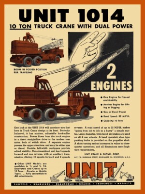 1949 Unit Crane & Shovel NEW Metal Sign: 1014 Dual Power Truck Crane ...