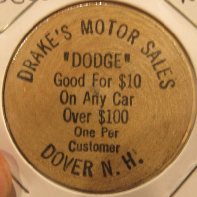 Vintage DODGE Drake's Motor Sales Dover, NH Wooden Nickel - Token New ...