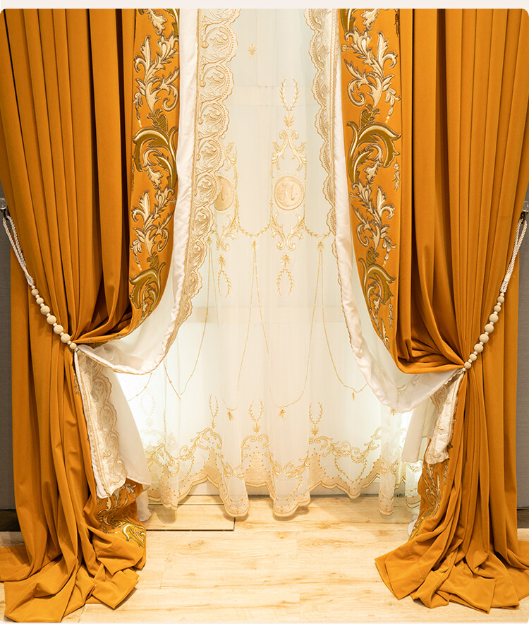 French orange stitching velvet embroidered high-end cloth curtain drape ...