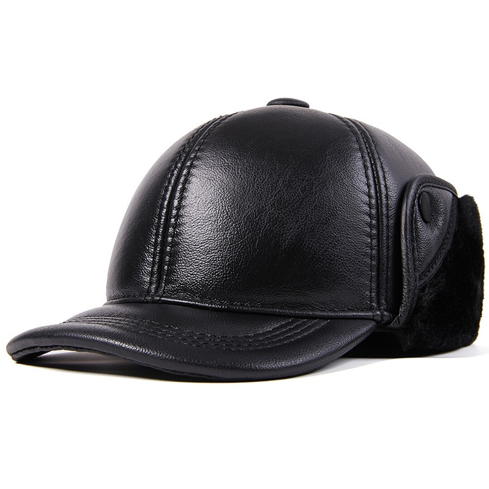 100% Genuine Leather Bomber Trapper Baseball Cap Ushanka Hunting Ear ...