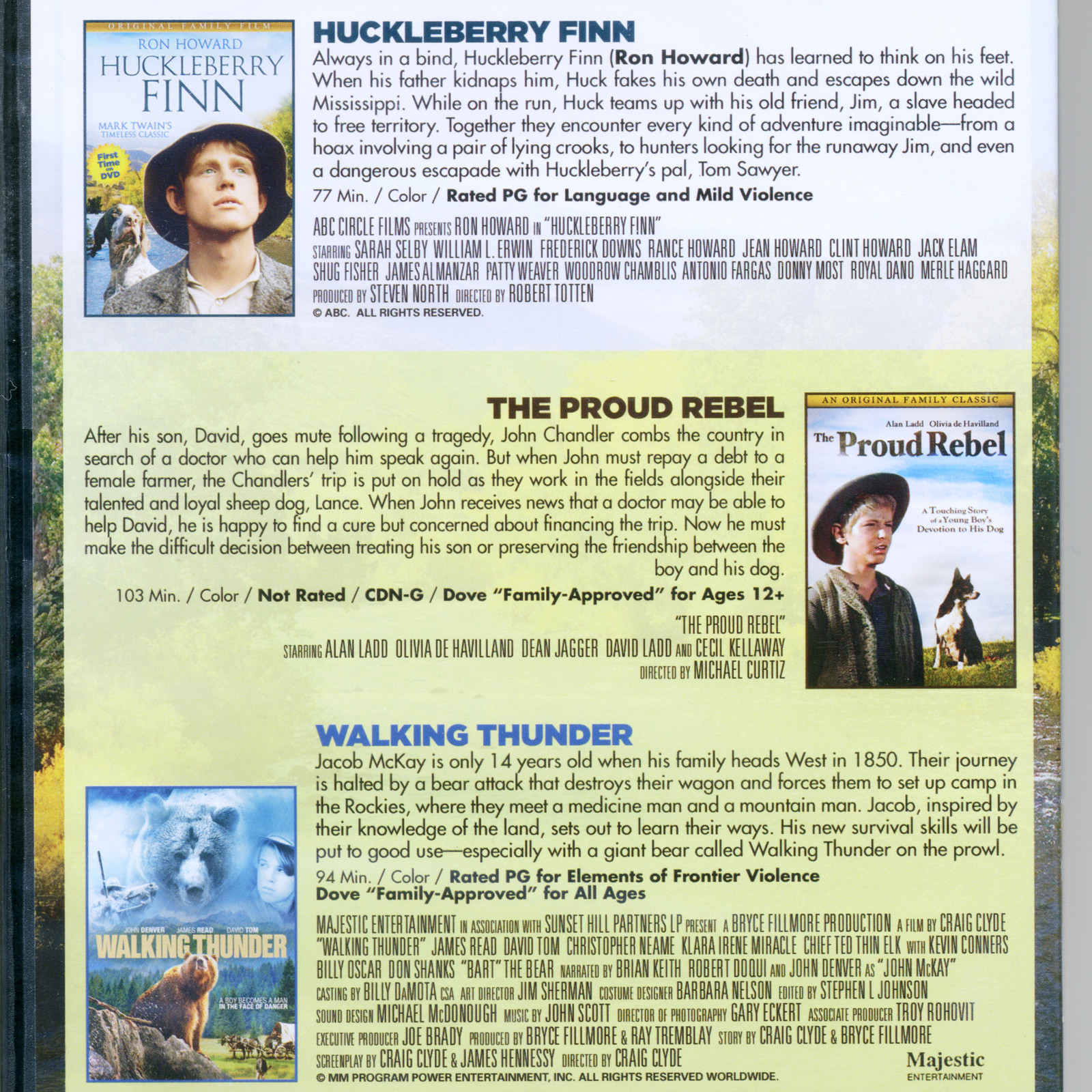 3 family movies Huckleberry Finn, Proud Rebel, Walking Thunder, new DVD ...