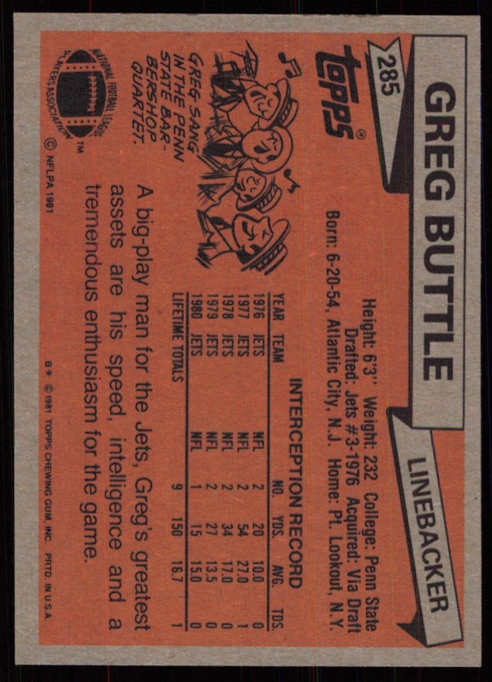 1981 Topps Greg Buttle New York Jets #285 | eBay